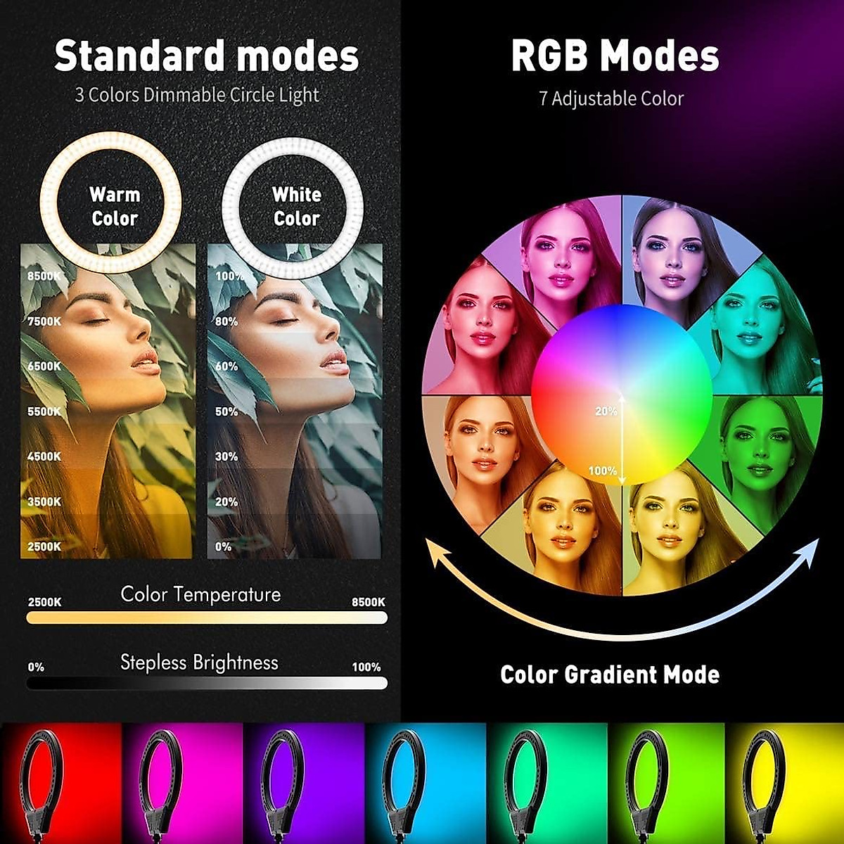 10" Ring Light with Tripod Stand and Phone Holder RGB Selfie Ring Light with 59" Stand & Desk Phone Tripod Stand,8 Dimming Levels,17 Color LED Ring Lights for Phone,Live Stream,Make Up,YouTube,TikTok