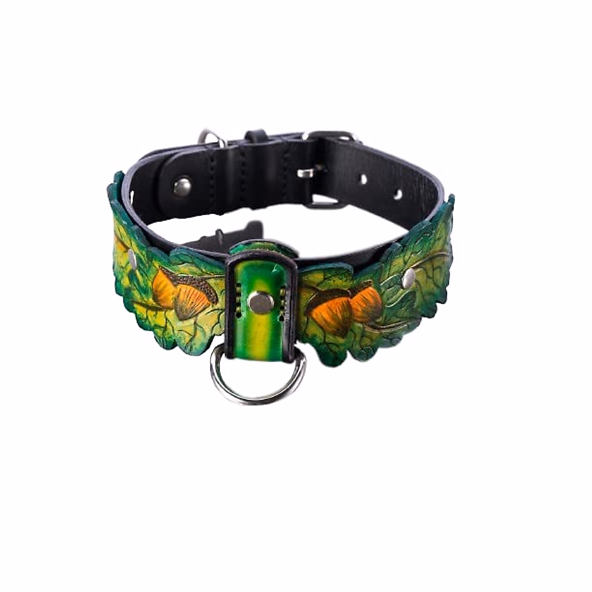 Dog Large Oak Leaf and Acorn Geen Collar, Dog Lover Handstitched Collar, Padded Leather Dog Collar, Dog Collar Handmade Leather