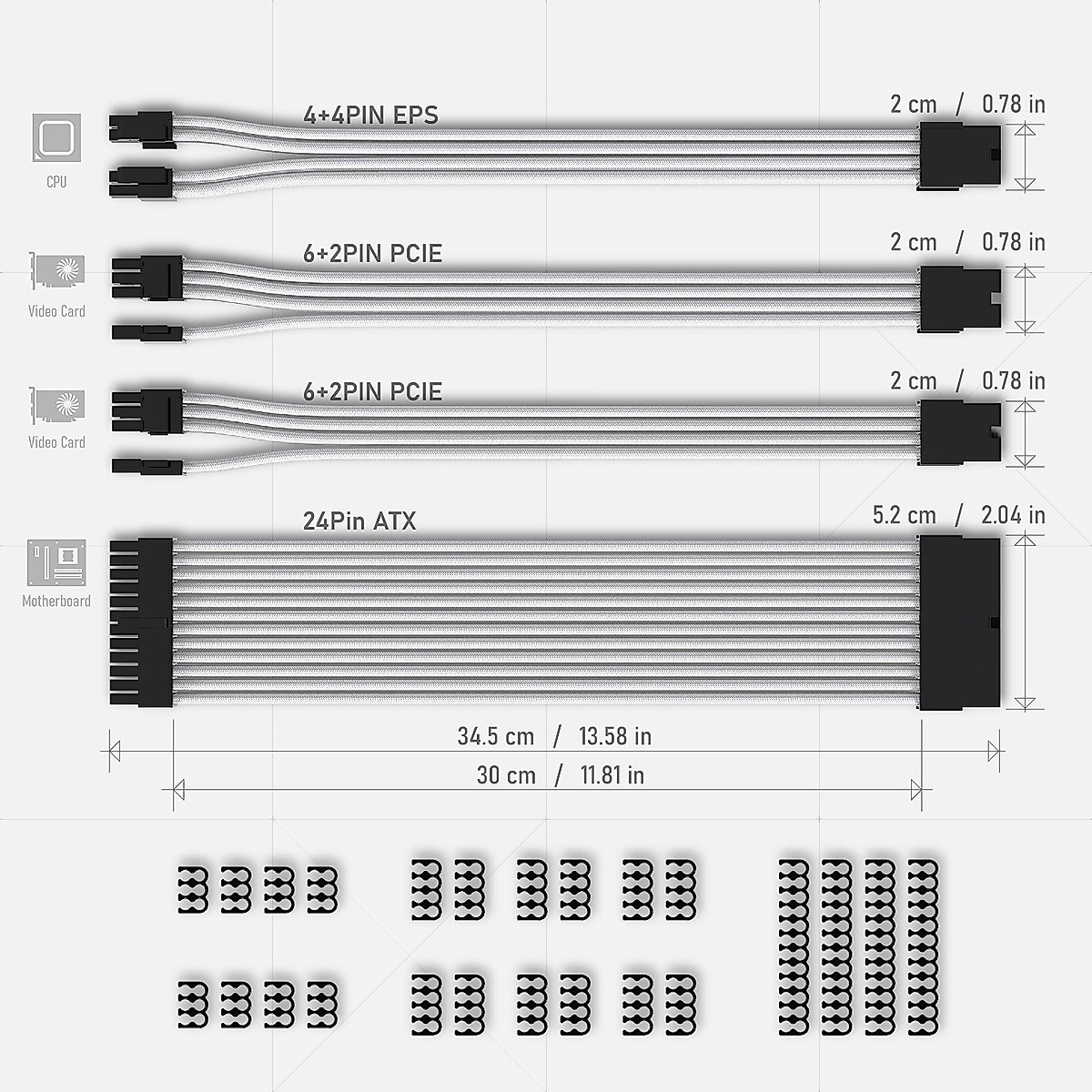 EZDIY-FAB PSU Extension Cable Sleeved Custom Mod PC Power Supply Cable, Soft Nylon Braided with Comb Kit 24PIN/8PIN to 6+2Pin/ 8PIN to 4+4PIN-30CM 300MM - White
