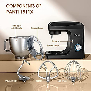 Panti Stand Mixer, 8.5 Qt. 660W 6+P Speed Kitchen Aid with Dough Hooks, Whisk, Beater and Suction Cup Bottom Splash Guard Attachments for Baking Bread, Cookie, Kneading, Dishwasher Safe, Black