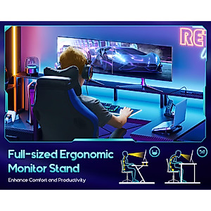 AODK 57 Inch L Shaped Gaming Computer Desk with USB Charging Ports & Power Outlets, Home Office Writing Corner Desk with Drawers and Monitor Stand, Study Table with LED Lighting, Carbon Black