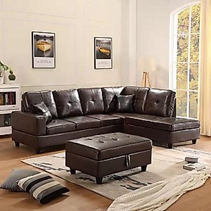OPTOUGH 3 PC Sectional Faux Leather Sofa Set with Storage Ottoman, 2 Pillows Included, Living Room Couch, Brown
