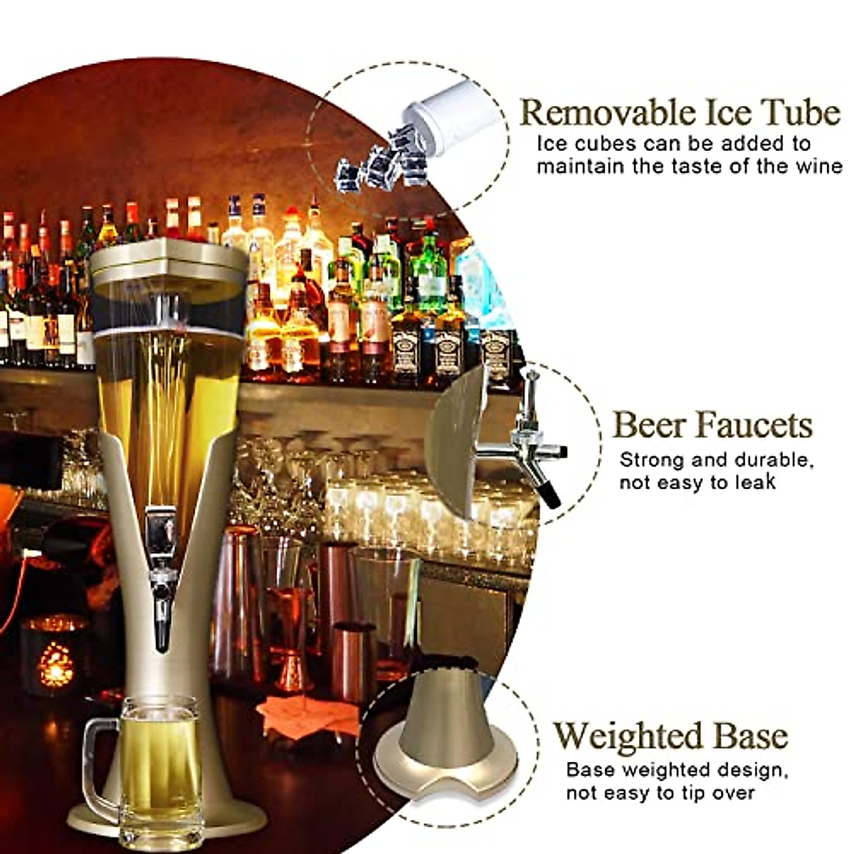 Beer Tower Drink Dispenser 3L Mimosa Tower Drink Beverage Dispenser with Removable Ice Tube,Freeze Tube to Keep Beverages Ice Cold，Perfect for Party,Bars,Home,Durable, Dual Action, Holiday Gift