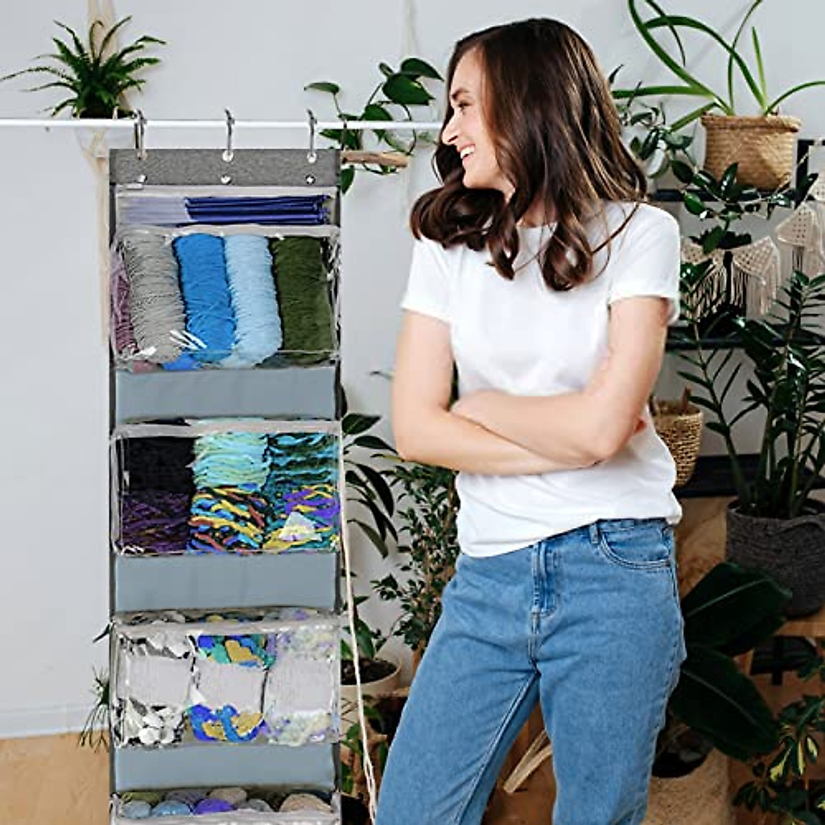 Ai CAR FUN Hanging Yarn Knitting Storage Organizer with 4 Compartments, Clear Wall Display Bulky Yarn Organizers Over The Door, Hanging Bags for Knitting Needles, Crochet Hooks