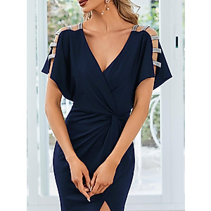 Ever-Pretty Women's Plus Size Sequin Short Sleeves V-Neck Prom Party Dresses Navy Blue US18