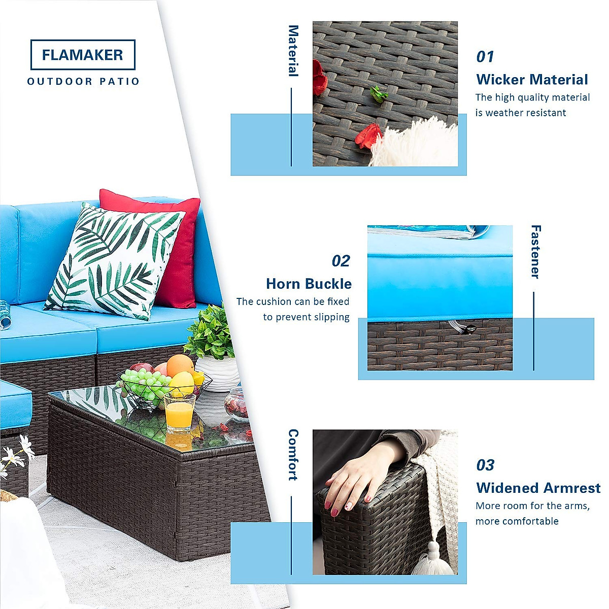 Flamaker 6 Pieces Patio Furniture Set Outdoor Sectional Sofa Outdoor Furniture Set Patio Sofa Set Conversation Set with Cushion and Table (Blue)