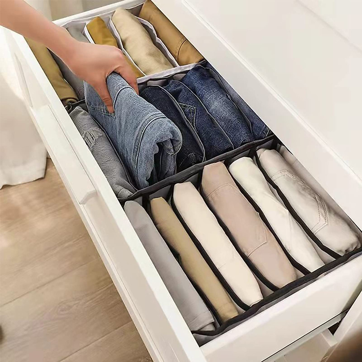 3PCS Wardrobe Clothes Organizer For Folded Clothes Pants,T-Shirt, Skirt, Underwear, Leggings, Kid Jeans Drawers Closet Mesh Storage Stackable 7 Grid Washable