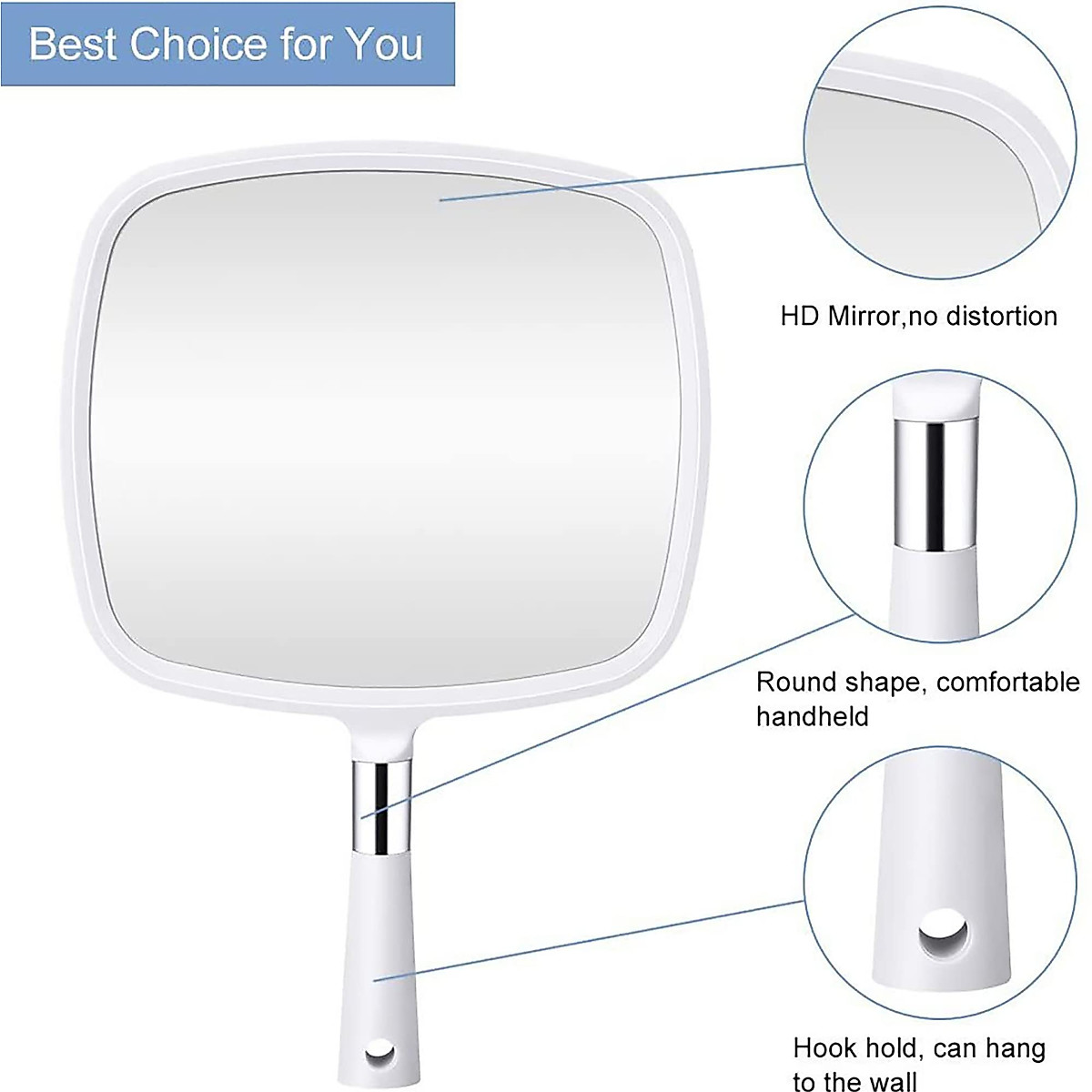 Orange Tech Large Hand Held Mirror with Handle, Makeup Hand Mirror with Hook Hole for Bathroom and Bedroom, Barbers Haircut Mirror for Home and Salon