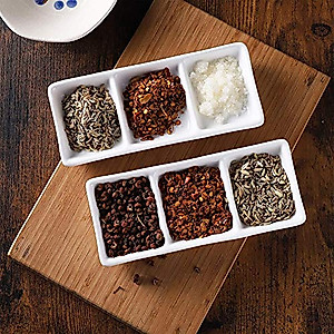 1PC Mini White Ceramic Rectangular 3 Compartment Appetizer Serving Tray 6.9 X 3.0inch Divided Spices Vinegar Nuts Snack Sauce Dishes for Home Kitchen Restaurant