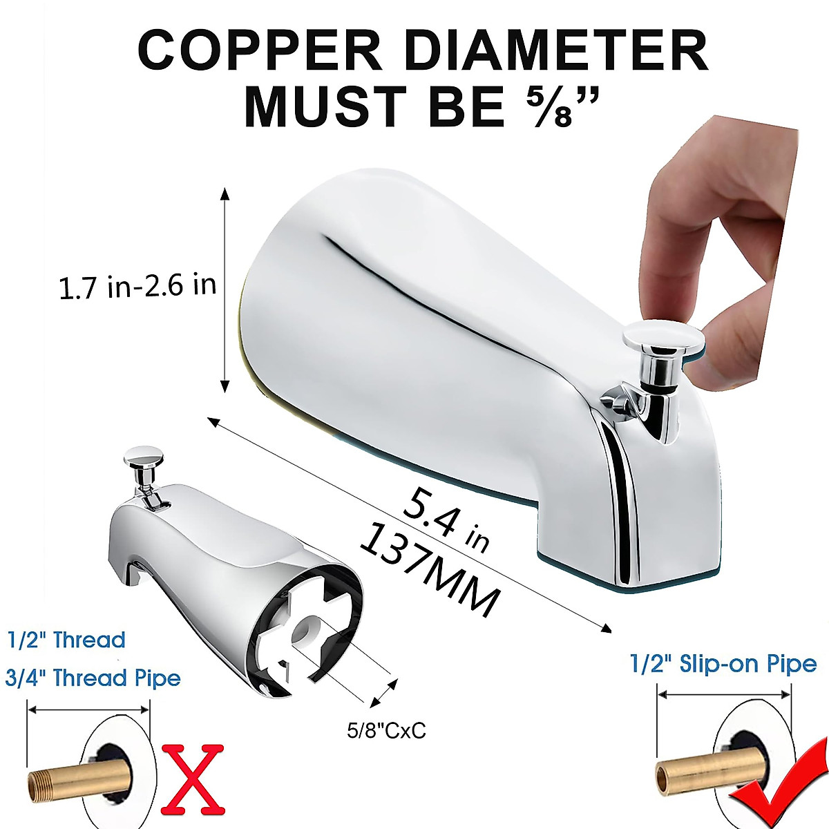 Slip Fit Tub Spout with Pull-Up Diverter for 1/2 inch Copper Tube,5.4 INCHES in Length,Easy to Install,Chrome (Not Applicable to Threaded Pipes) Thickened and Elongated Design 300 Grams