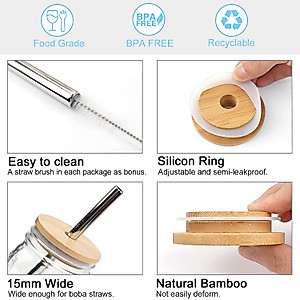 Mason Jar Lids with Straw, Reusable Bamboo Lids, Wide Mouth Mason Jar Tumbler Lids, Mason Jar Tops with 2 Reusable Stainless Steel Straw - 2 Packs
