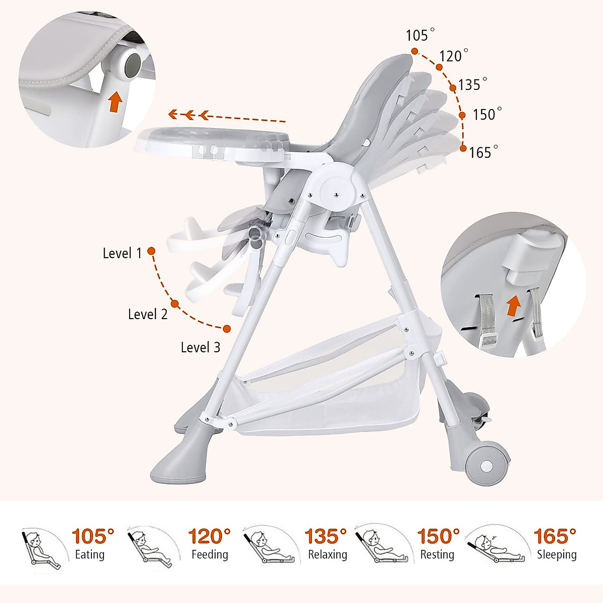 HONEY JOY Baby High Chair, Foldable Highchair for Babies and Toddlers, Detachable Trays & PU Leather Seat Cushion, 4 Wheels with Locks (Gray)