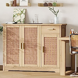 Irontar Kitchen Storage Cabinet, Sideboard Buffet Cabinet with Rattan Decorated Doors, Farmhouse Console Table with Drawer, Coffee Bar, Accent Table for Kitchen, Living Room, Hallway, Natural CWG010M