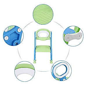 Toilet Training Seat, Adjustable Baby Safety Potty Training Seat Chair Foldable Kids Toilet Potty Trainer with Step Stool Ladder and Soft Cushion for Toddler Child Baby Boys Girls(Blue Green)