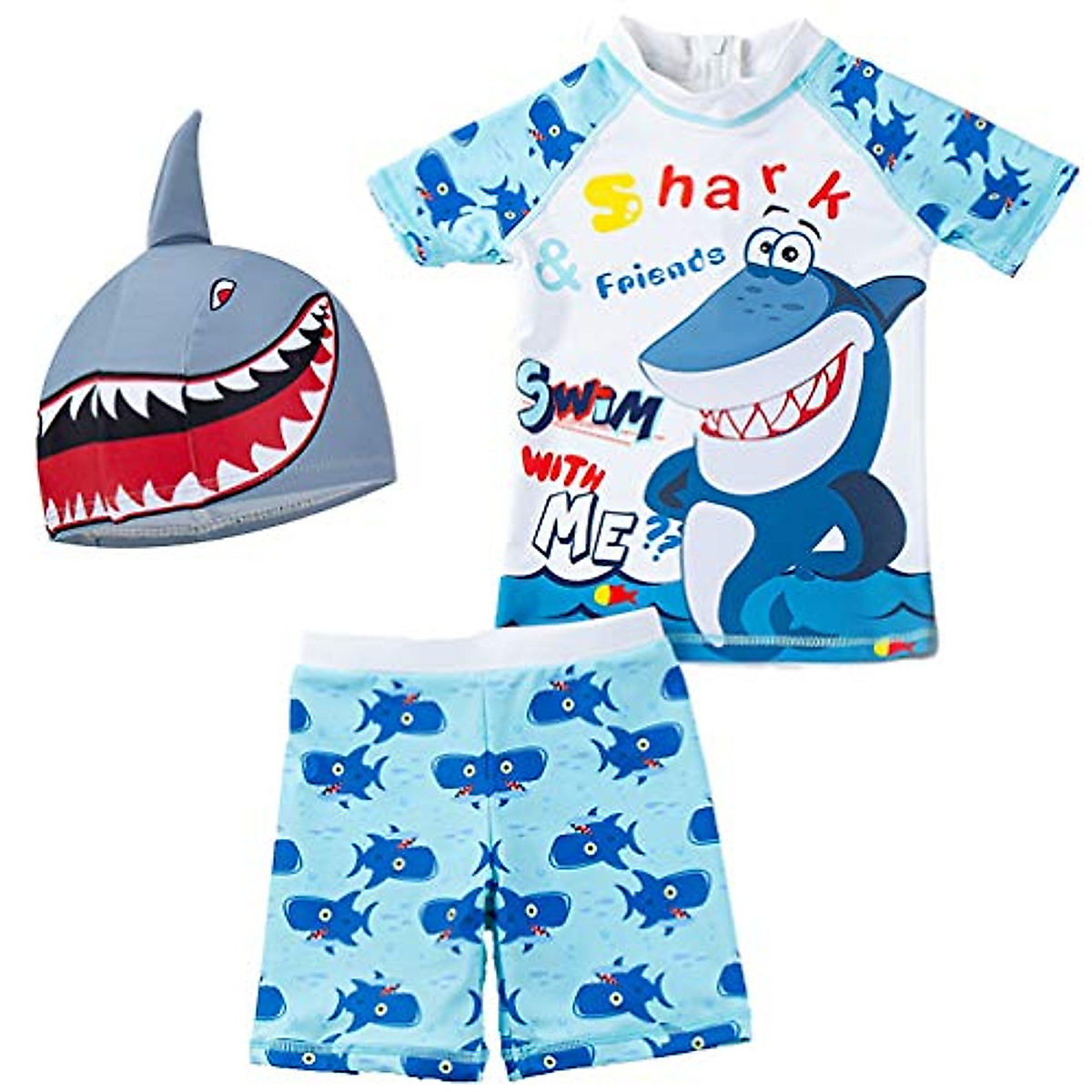 Toddler Baby Boys Two Pieces Swimsuit Swimwear Set Kids Bathing Suit Rash Guards with Hat UPF 50+ (9-18 Months, Swim Shark)