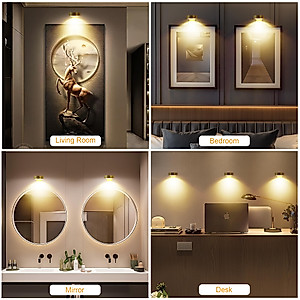 3Pcs Battery Operated Picture Light, Magnetic Led Painting Light with Remote Dimmable and Timer, 3 Lighting Modes Art Display Light for Picture Frame Paintings, Wireless Wall Decor Puck Lights, Gold