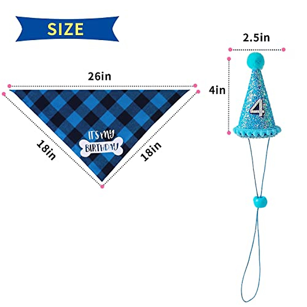 AIITLE Dog Birthday Bandana, Plaid Scarf and Reusable Dog Boy Birthday Party Hat with Number, Small Medium Dog Cat Pet Birthday Party Supplies Blue