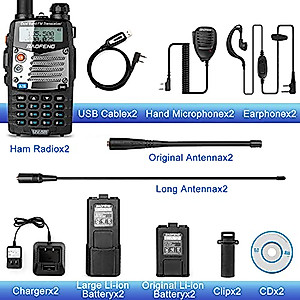 BAOFENG UV-5R Pro Ham Radio Handheld Walkie Talkies UHF VHF Dual Band 2-Way Radio Full Kit with an Extra 3800mAh Battery, Earpiece and Programming Cable (2 Pack)