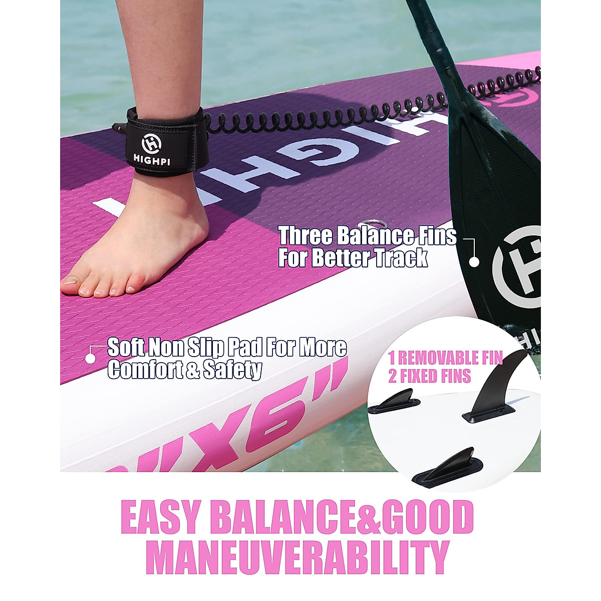 Highpi Inflatable Stand Up Paddle Boards, 10'6''x32''x6'' SUP with Accessories Backpack Anti-Slip Deck, Leash, Paddle and Hand Pump, Pink Paddle Board Standing Boat for Youth & Adult