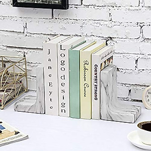 MyGift Marble Style White Ceramic L Shaped Decorative Bookends for Heavy Books Textbook Holders, 1 Pair