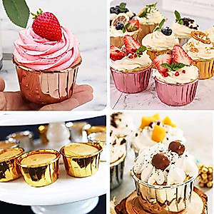Cupcake Liners with Dome Lids 100Pack,Free-Air 3.5Oz Mini Foil Baking Cups Muffin Liners,Disposable Muffin Tin Cupcake Cups for Individual Bakery Wedding Birthday Party, with Spoons-Rose gold