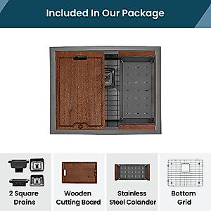 Strictly Sinks Undermount Workstation Kitchen Sink – Black 23 Inch 16 Gauge Single Bowl Kitchen Sink with Grid, Wooden Cutting Board, Colander, 1 Square Strainer Drain & 1 Garbage Disposal Adapter