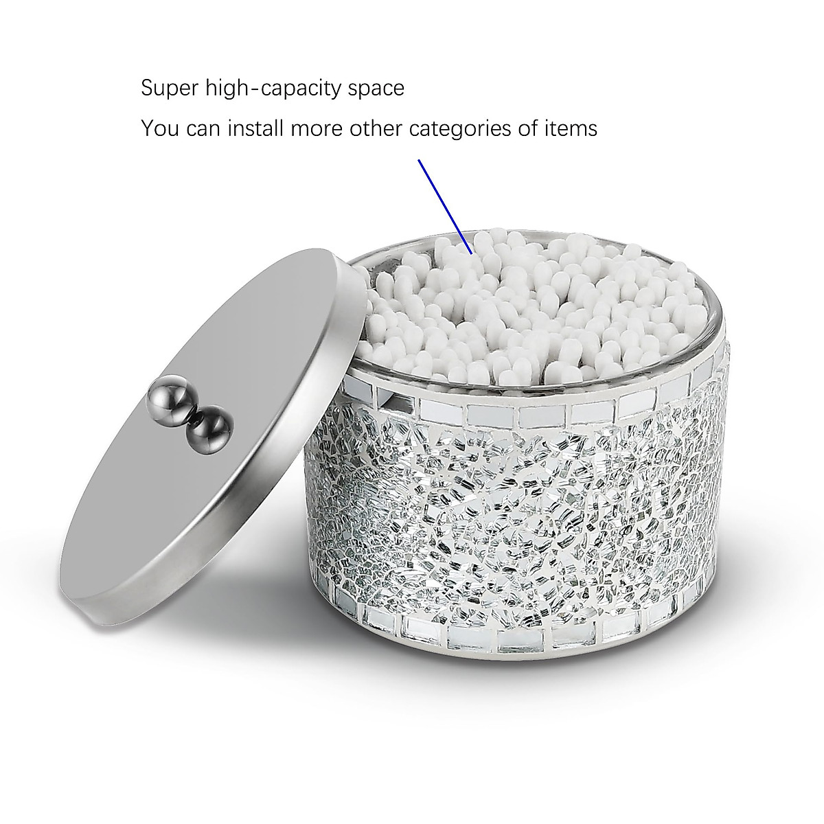 Bathroom Jars q tip holder, Mosaic Glass Cotton Swab Holder, Cosmetics Makeup Accessories Storage for Makeup Sponge Bath Salts Storage Christmas Birthday, Silver