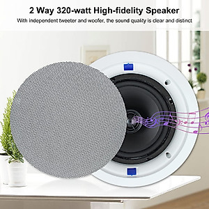 Herdio 6.5 Inch Bluetooth Ceiling Speakers 320W 2-Way Flush Mount in Wall Amplifier Receiver Perfect for Home Theater Bathroom Living Room Kitchen Office (White, Pair)