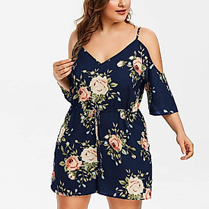 Padaleks Women Plus Size Floral Printed Jumpsuits Casual Short Sleeve Cold Shoulder Shorts Rompers Wide Leg Pants