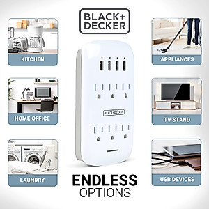 BLACK+DECKER Surge Protector Wall Mount with 6 Grounded Outlets, 4 USB Charging Ports, Sleek Power Adapter Tap and USB Wall Charger with Indicator Light, Auto Shutdown - 3-Prong Power Outlet Plug