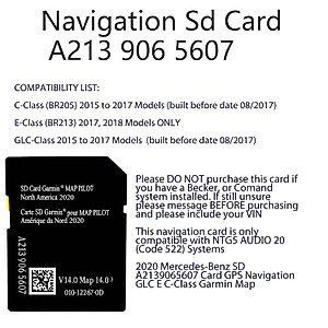 Navigation SD Card Map Compatible with Mercedes Garm./Pilot, C-Class E-Class GLC.Version 14.0 (MAP 14.0) ONLY BE Used in The Audio 20 (Code 522) NTG Sync USA/Can/Mex