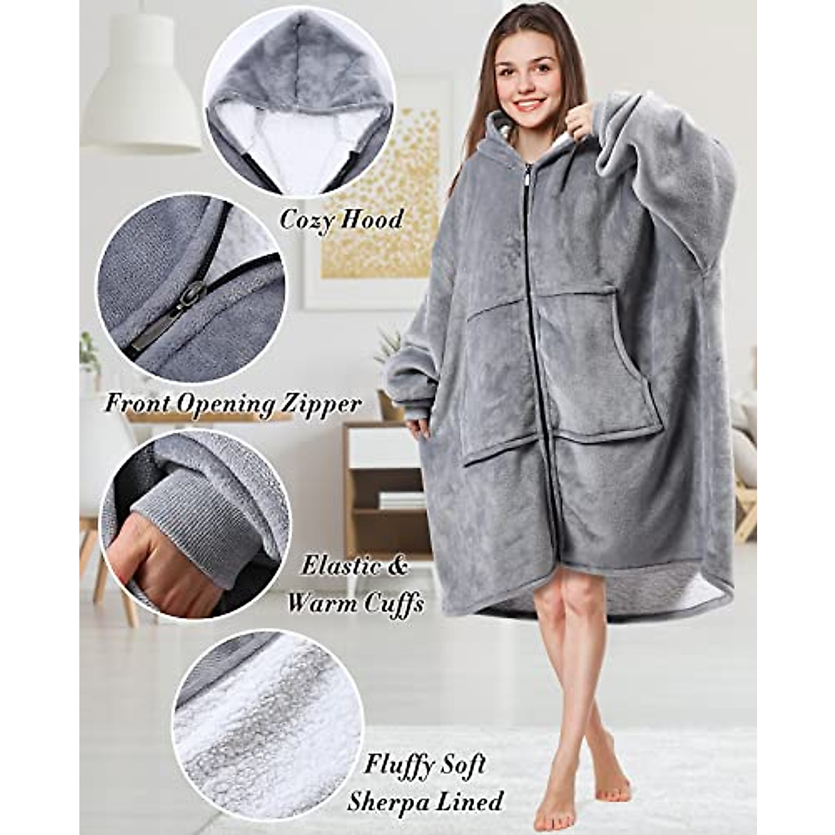 Wearable Blanket Hoodie for Women Men, Blanket Hoodie with Zip and Big Pockets, Oversized Sweatshirt Adult, One Size Fits All