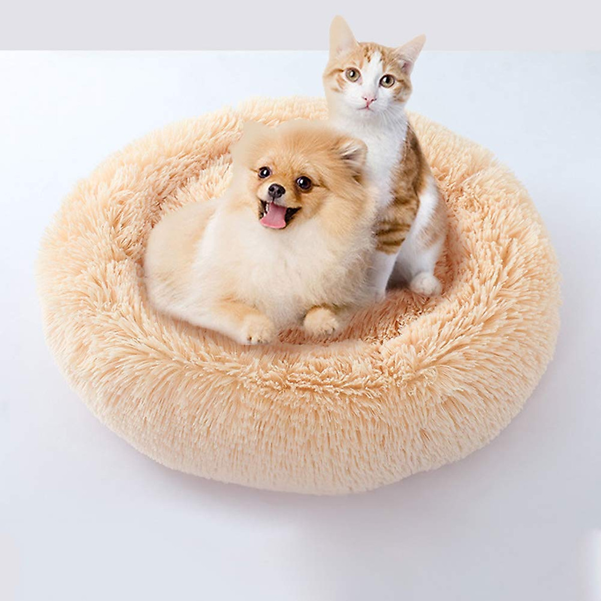 Luxury Fur Donut Cuddler Round Cat and Dog Cushion Bed Self-Warming and Cozy for Improved Sleep (Big Size, Beige)