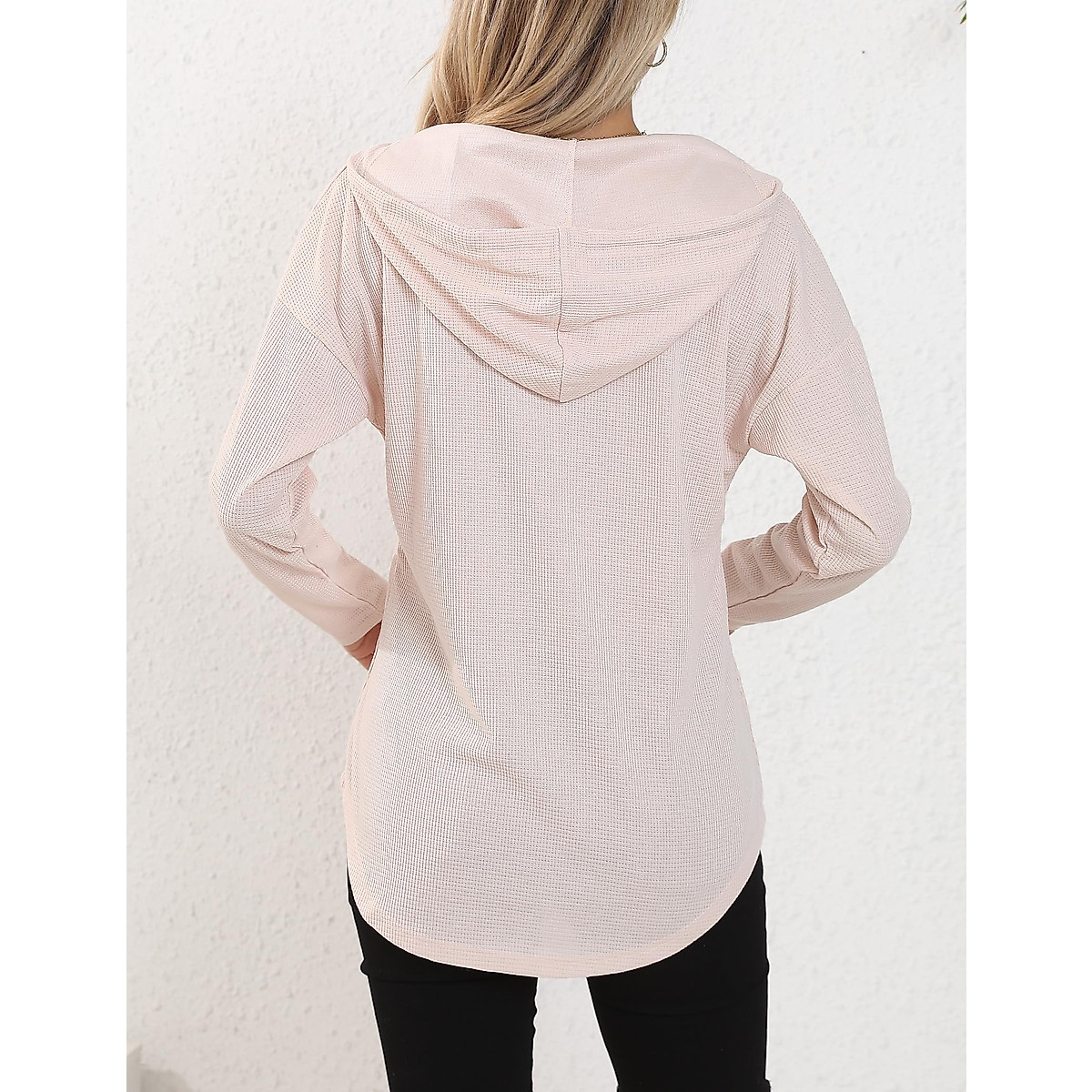 morhuduck Women's V Neck Hoodies Long Sleeve Sweatshirt Drawstring Pullover Tops with Pocket (Apricot M)