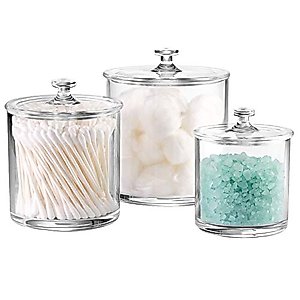 Premium Quality Acrylic Qtip Holder Apothecary Jars Bathroom Vanity Organizer Canister for Qtips,Cotton Swabs,Cotton Balls,Cosmetic Pads,Flossers,Nail Polish,Bath Salts,Clear,Plastic | 3-Pack