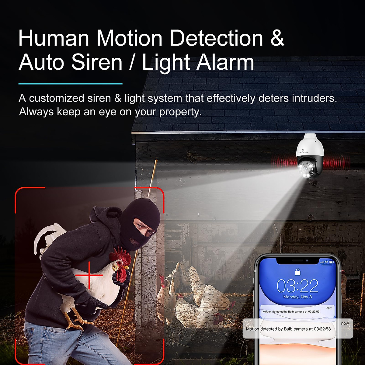 SYMYNELEC Light Bulb Security Camera Outdoor Waterproof 2.5K, 2.4GHz Wireless WiFi Light Socket Cam with AI Human Motion Detection Tracking 4MP Color Night Vision Siren Alarm Works with Alexa Google