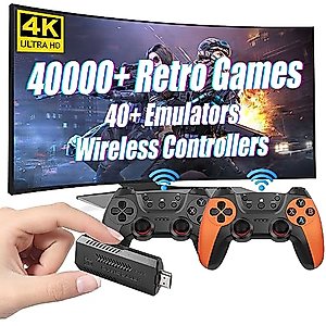 Wireless Retro Game Console, HeavenBird 64G HD Classic & 3D Games Stick Built in 47 Emulators with 40000+ Games & Dual 2.4G Wireless Controllers, 4K HDMI Video Games for TV, Gift for Adults & Kids