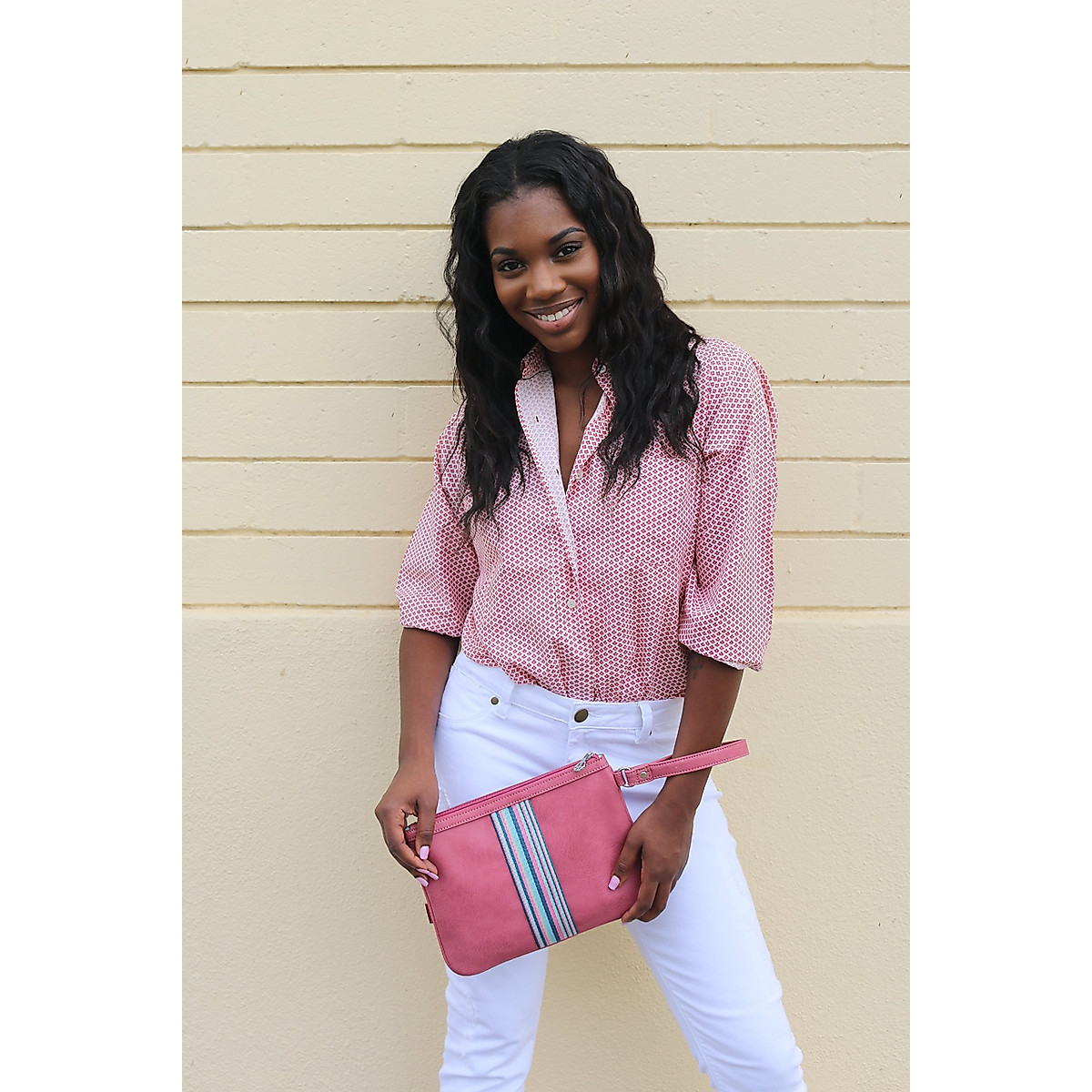 Bungalow360 Original Vegan Leather Striped Pouch Wristlet (Rose)