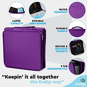 Enday 2 Inch Zipper Binder - 880 Sheet Capacity, 5 Pockets, Expanding File Folder with Durable Handle, Multiple Pockets School Binder Organizer, Purple