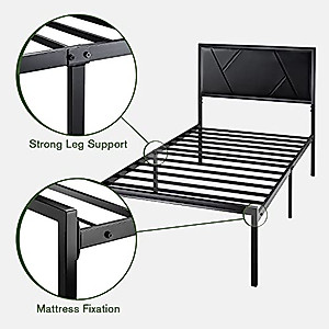 MUTICOR Twin Size Bed Frame with Geometric Leather Headboard, Heavy Duty Metal Platform Bed with Strong Metal Support, Ample Underbed Storage, No Box Spring Needed, Easy Assembly, Noise Free