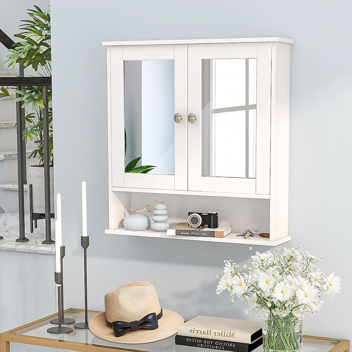 Byroce Bathroom Medicine Cabinet, Bathroom Wall Cabinet with 2 Mirror Doors & Adjustable Shelf, Over Toilet Storage, Wood Wall Mounted Storage Cabinet for Laundry Room, Living Room, Kitchen (White)