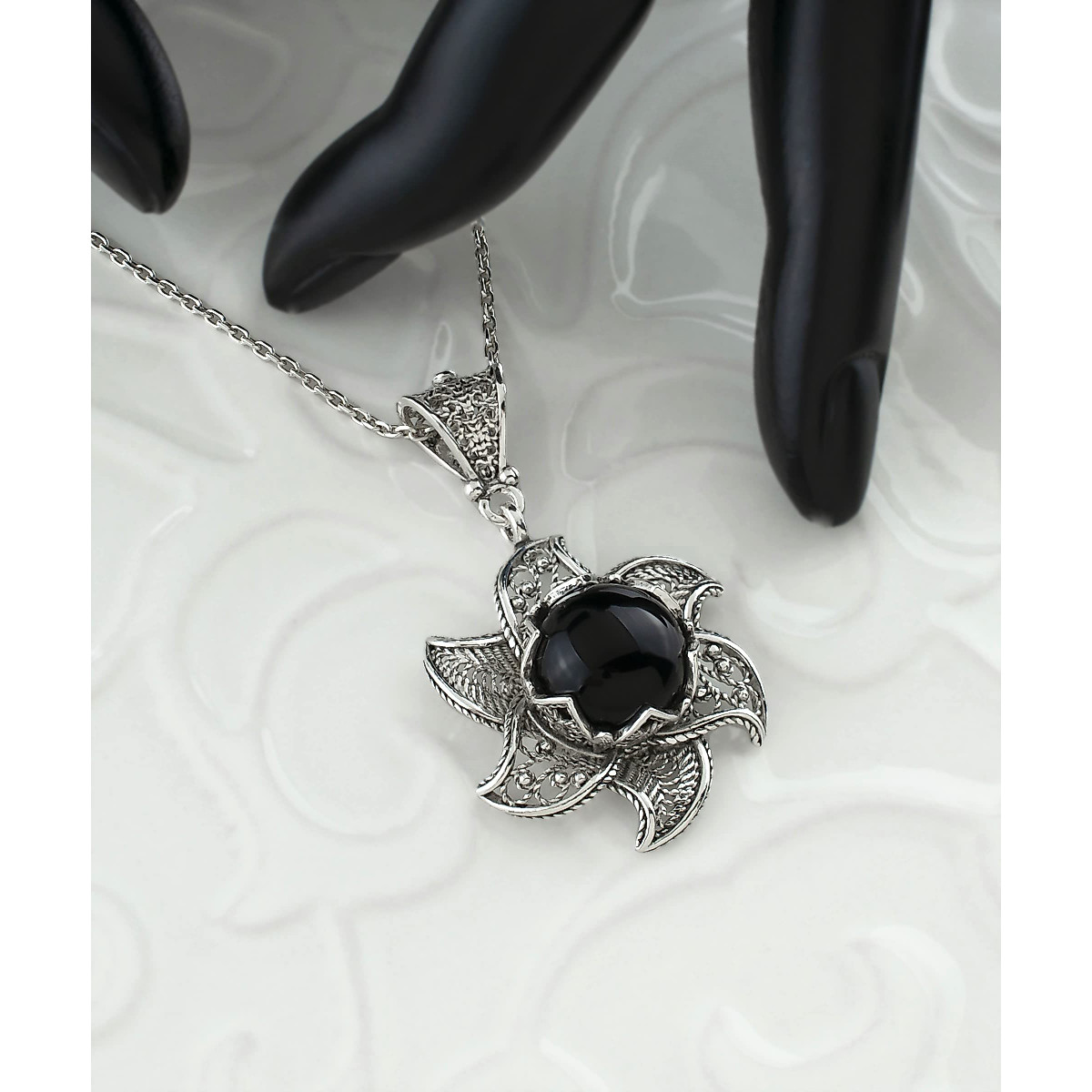 Filigranist 925 Sterling Silver Filigree Art 3D Lotus Flower Women Pendant Necklace with Gemstones (Black Onyx)