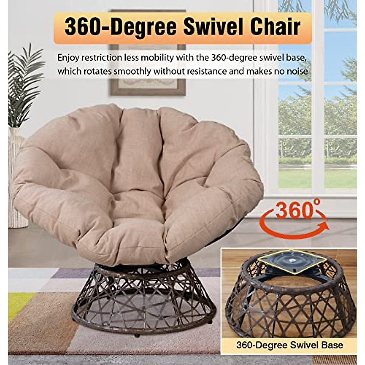 Papasan Chair Patio Lounge Chairs Egg Chair Round Circle Ratten Chair 360-Degree Swivel Papasan Chair with Cushion and Metal Frame for Indoor Outdoor Living Room Bedroom Apartment,Tan