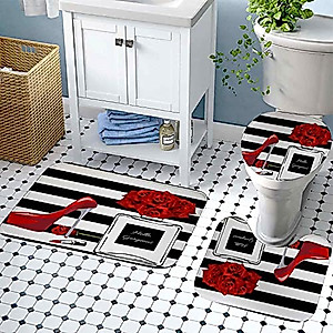 Dia Magico 4PCS Red High Heels Shower Curtain Set, Black White Striped Hello Gorgeous Perfume Lipstick Cosmetic Makeup Rose Flower Romantic Women Bathroom Decor Fabric Shower Curtain Non-slip Bath Mat