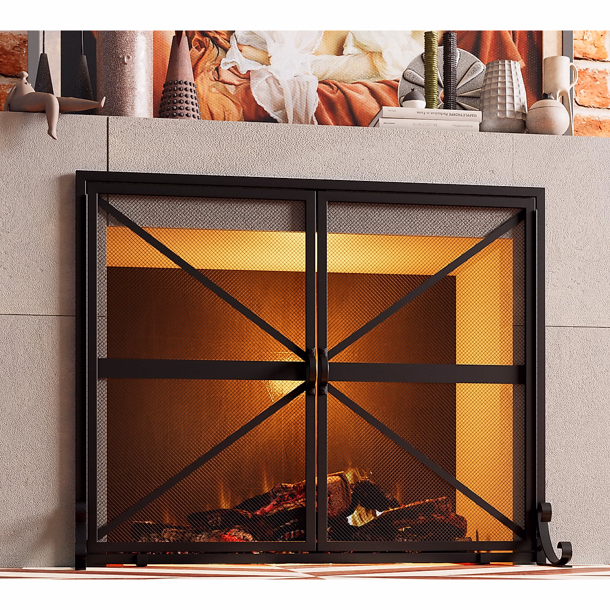 Fire Beauty Fireplace Screen with Doors, 2-Pannel Handcrafted Solid Wrought Iron Decorative Mesh,Baby Safe Proof Firewood Burning Stove Accessories(Black)