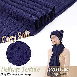 Womens Winter Warm Beanie Hat Touchscreen Gloves Long Scarf Set Ribbed Cable Knit with Fleece Lined Skull Pom Caps