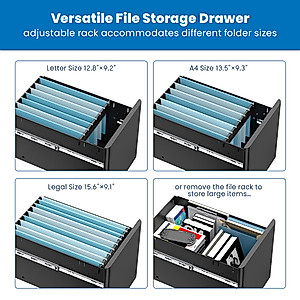 Mount-It! Slim Rolling Under Desk Cabinet, Mobile Filing Cabinet with 3 Drawers and Lock for Home & Office Storage, Black