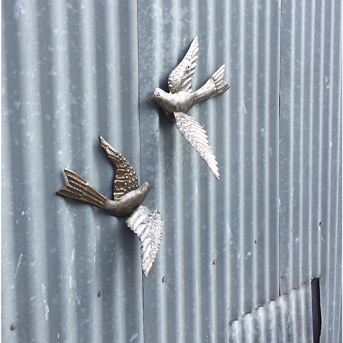 Set of 2 Garden Birds, Spring Home Accent Decor, 3D Wings, Metal Wall Hanging, Indoor Outdoor Display, Handmade 11 x 13 Inches