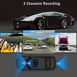 TeqHome 3 Channel Dash Cam Front and Rear Inside, 1080P FHD Dash Camera for Cars, Three Way Triple Dashcam Car Camera Recorder with IR Night Vision, Loop Recording, WDR, 24H Parking Monitor, G-Sensor