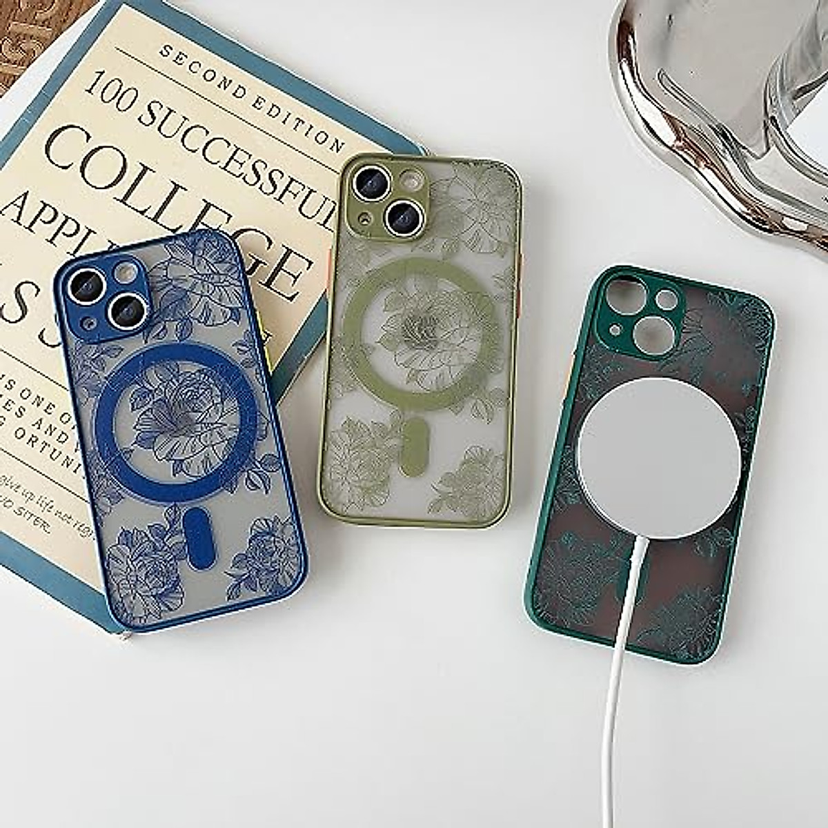 Skyseaco for iPhone 13 Mini Case Compatible with MagSafe for Black Frosted PC Back Protector Flower Shockproof Purple Floral Blooms Design Protective Women Girls Phone Case - Flower Blooms/Dark Blue